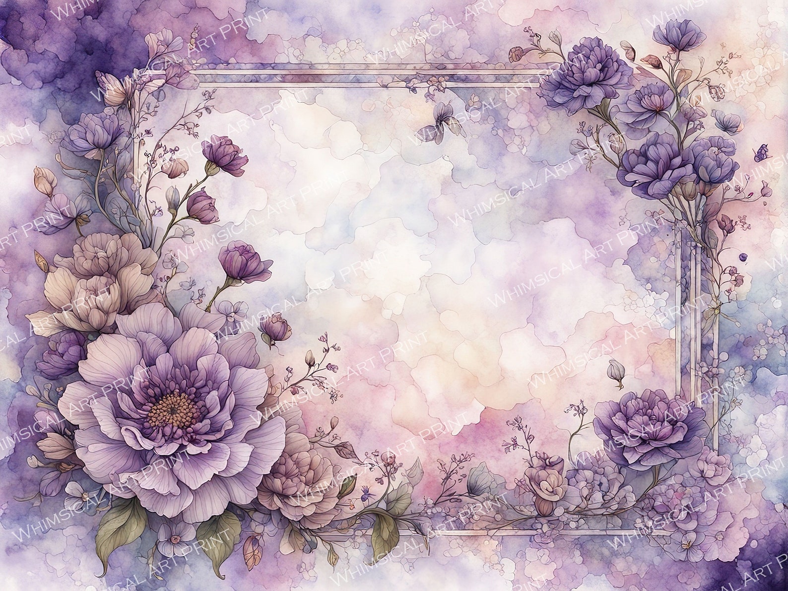 Lilac Floral Frame Digital Paper Pack: Watercolor Violet Backgrounds ...