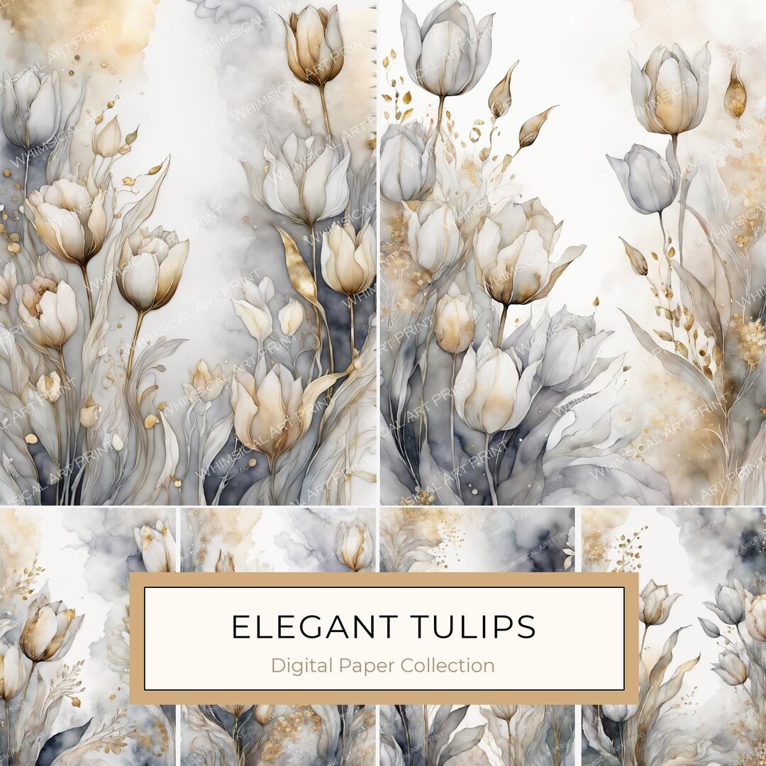 Watercolor Tulips Digital Paper: Neutral Wedding Stationery (8.5x11in ...