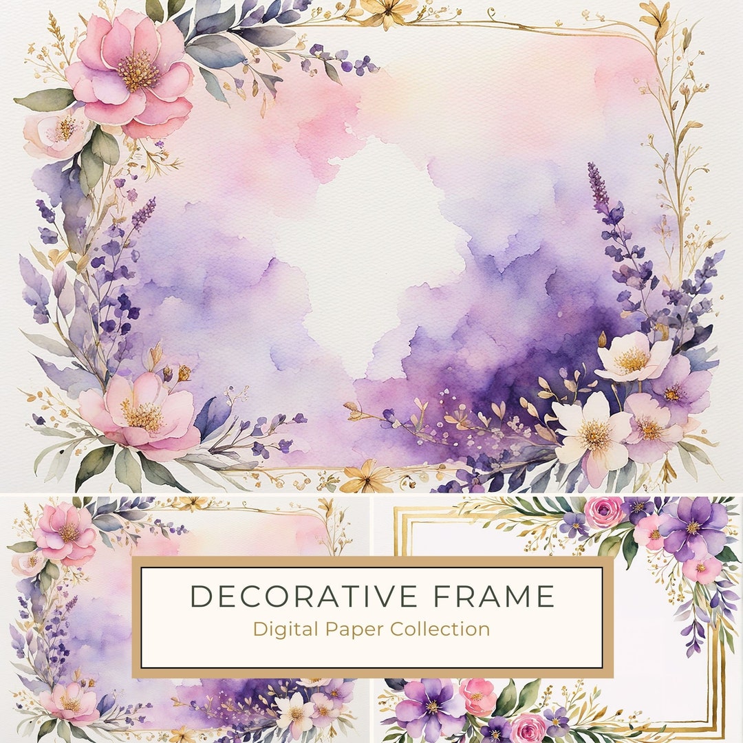 Watercolor Decorative Frame Digital Paper Pack, Purple & White ...