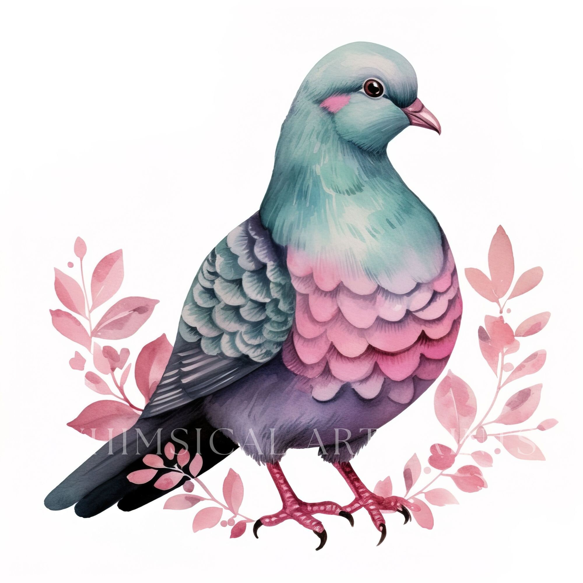 Pigeon Bird Clipart, Flowers, Green Pigeon on Flowery Branch Art ...