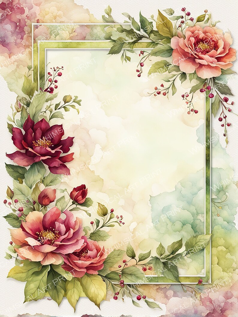 Watercolor Floral Page Frame Digital Paper Pack, Burgundy Flowers ...