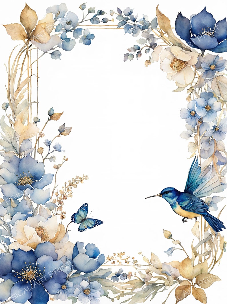 Blue Boho Border Digital Paper Pack for Wedding Cards, Scrapbooking ...