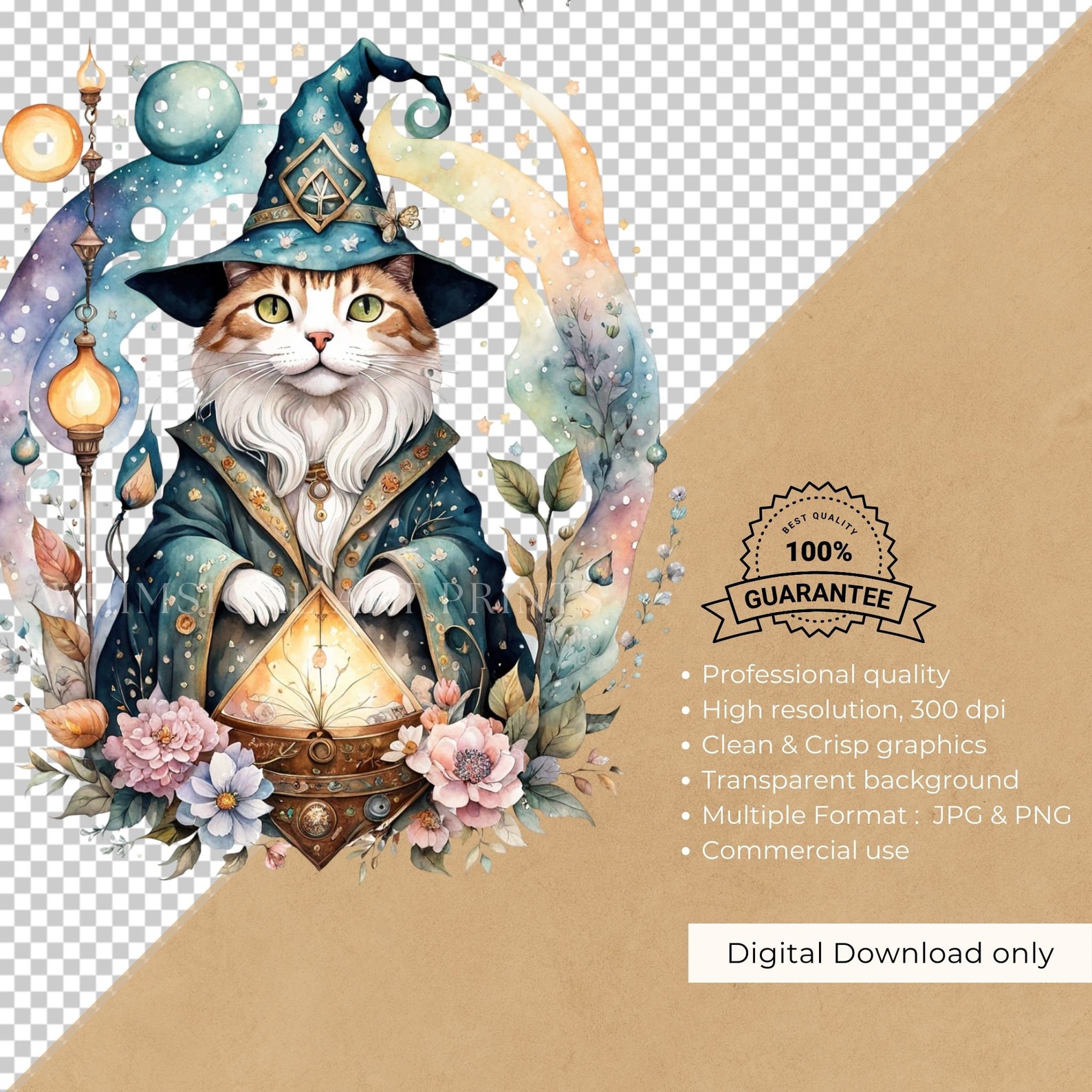 Whimsical Cat Wizard Clipart, Watercolor Boho Cat Design for ...