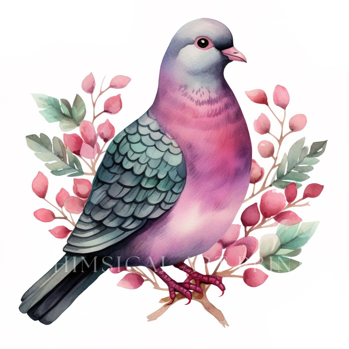 Pigeon Bird Clipart, Flowers, Green Pigeon on Flowery Branch Art ...