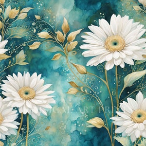 White Gerbera Daisies Digital Paper Set, Daisy on Teal Watercolor ...