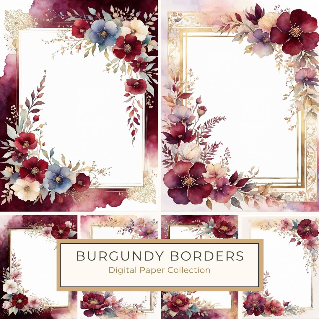 Watercolor Burgundy Pastel Floral Border Digital Paper, Botanical Frame ...