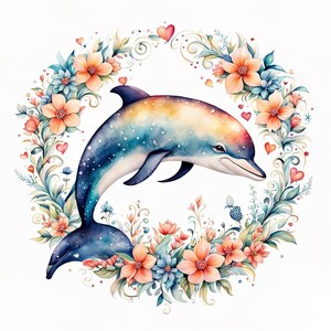 Watercolor Dolphin Clipart: Whimsical Coastal Boho Wreath, Shells ...