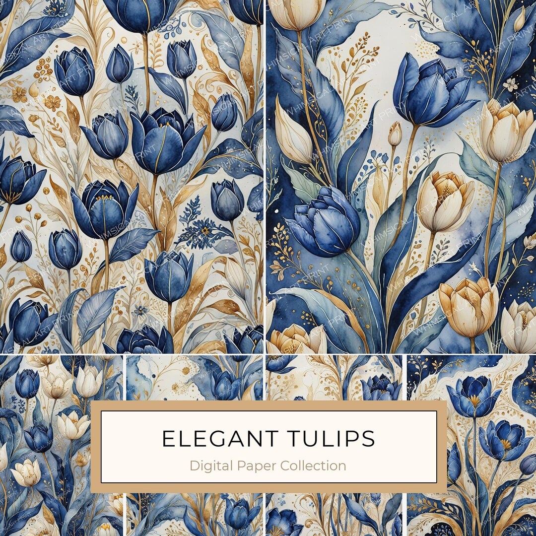 Watercolor Indigo Blue Tulip Digital Paper Set (JPG) - Etsy