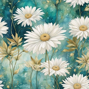 White Gerbera Daisies Digital Paper Set, Daisy on Teal Watercolor ...