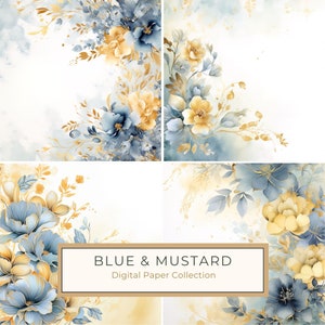 Blue & Mustard Digital Paper, Floral Background Graphics, Watercolor ...