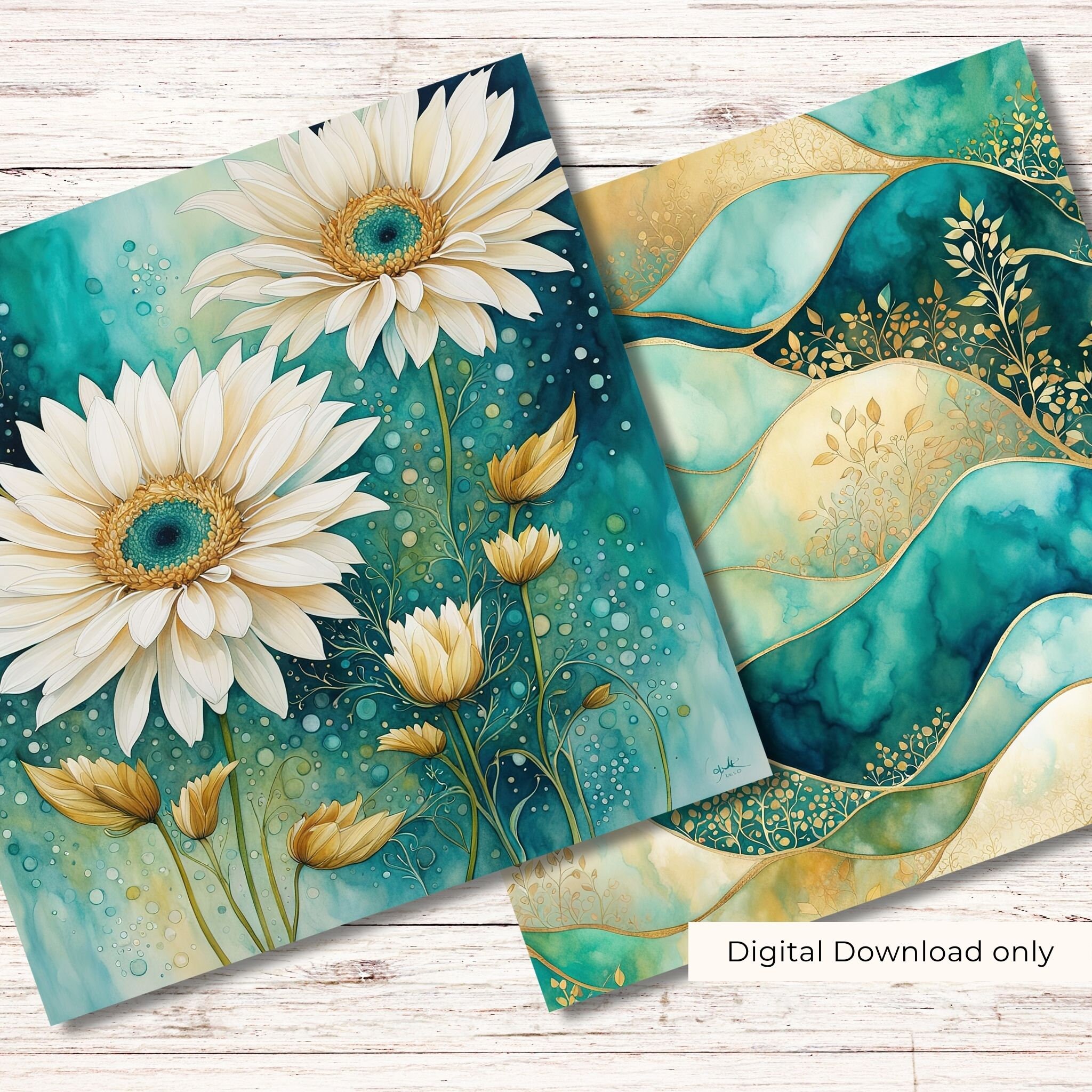 White Gerbera Daisies Digital Paper Set, Daisy on Teal Watercolor ...