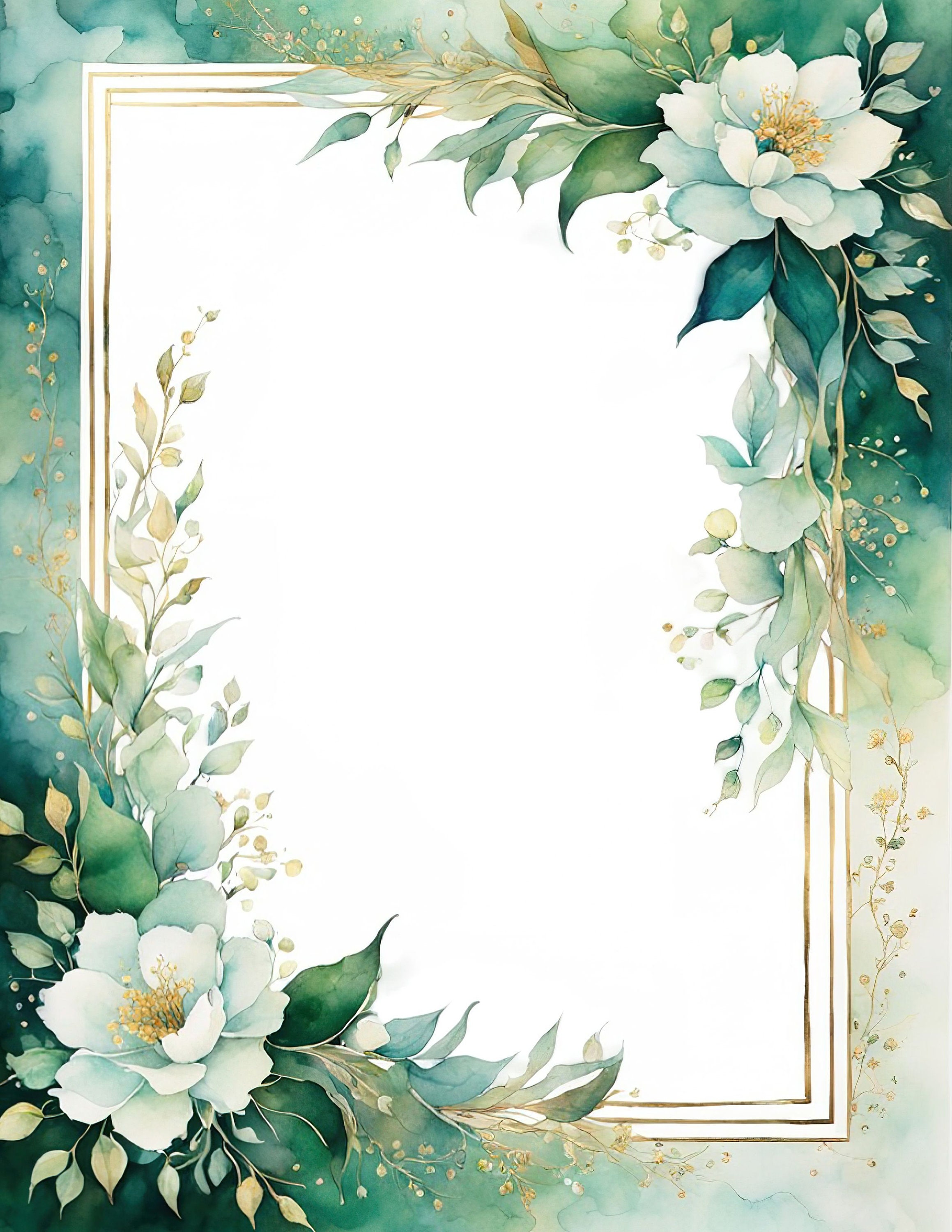 Emerald Green Floral Frame: Botanical Watercolor Art (10 Jpgs Digital ...