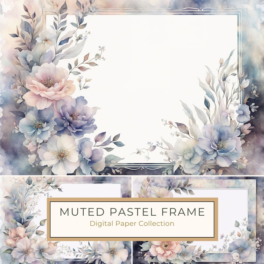 Muted Pastel Floral Frame Digital Paper Pack, Gray Watercolor Soft ...