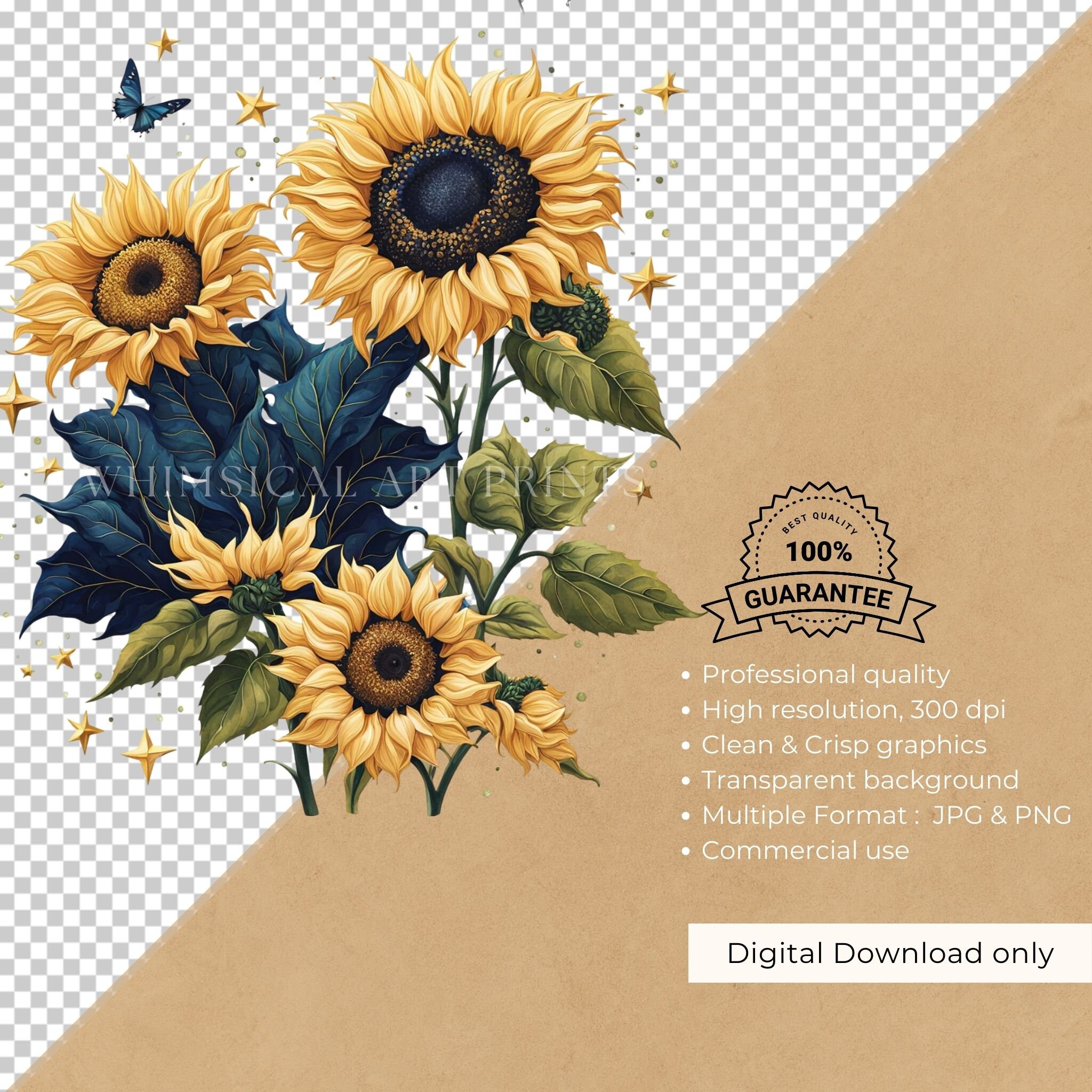 Elegant Celestial Sunflower Clipart, Watercolor Florals on Navy Nebula ...