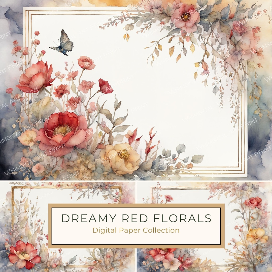 Dreamy Red Watercolor Floral Frame Digital Paper Pack, Deep Red & Beige ...