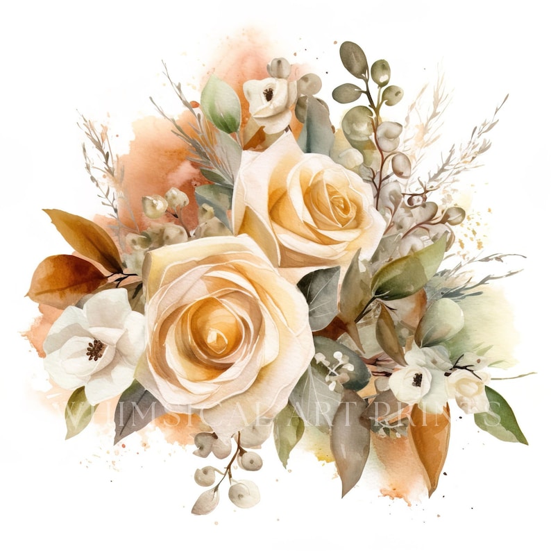 Rustic Roses Clipart, Watercolor Flowers, Ochre Beige Roses Bouquet ...