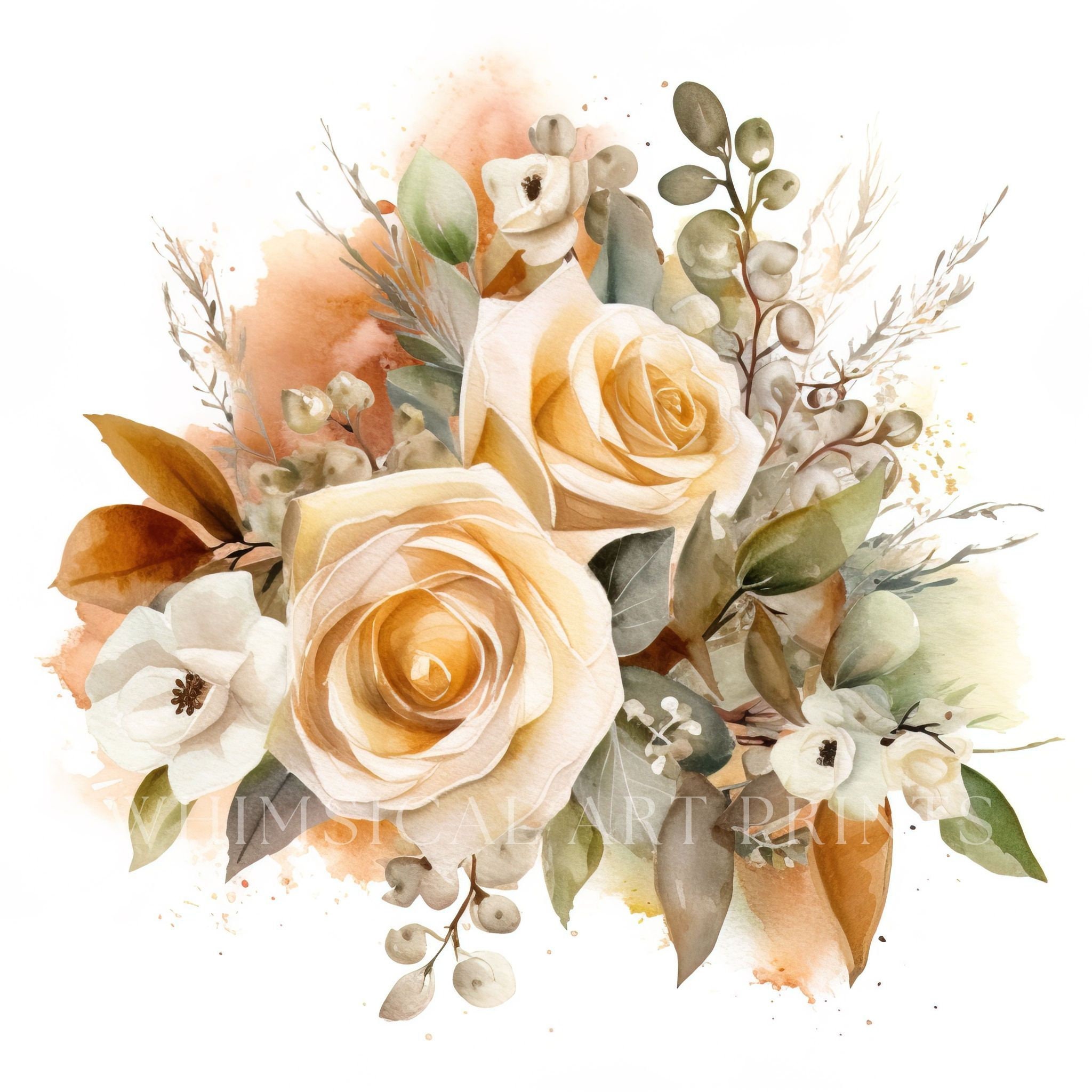 Rustic Roses Clipart, Watercolor Flowers, Ochre Beige Roses Bouquet ...