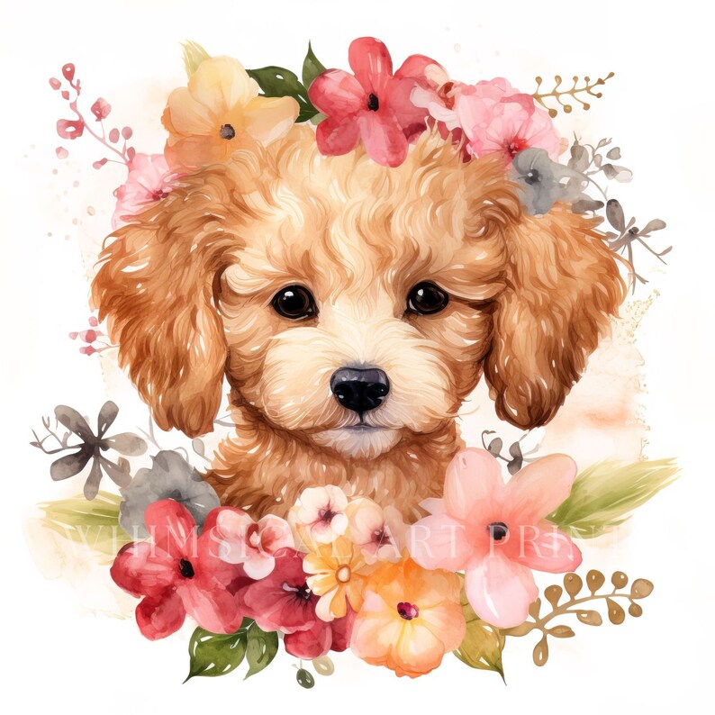 Poodle Puppy Clipart, Puppy in a Wreath, Watercolor Style Floral Art ...