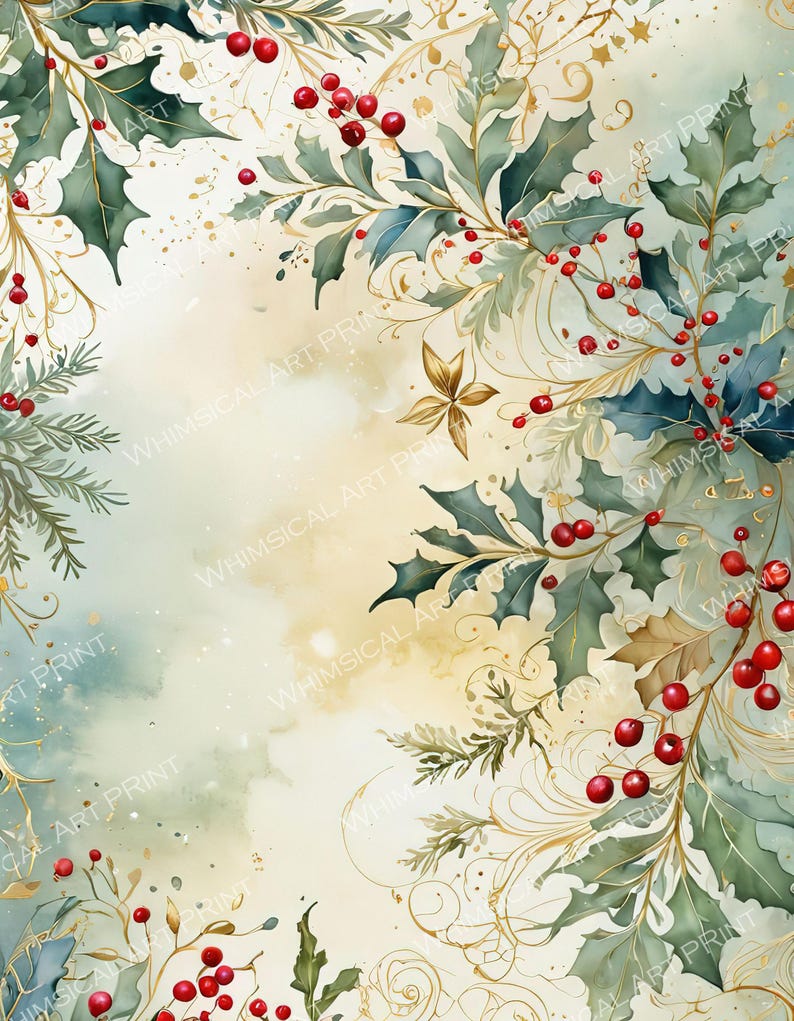 Watercolor Christmas Digital Paper: Vintage Foliage & Gold (digital ...