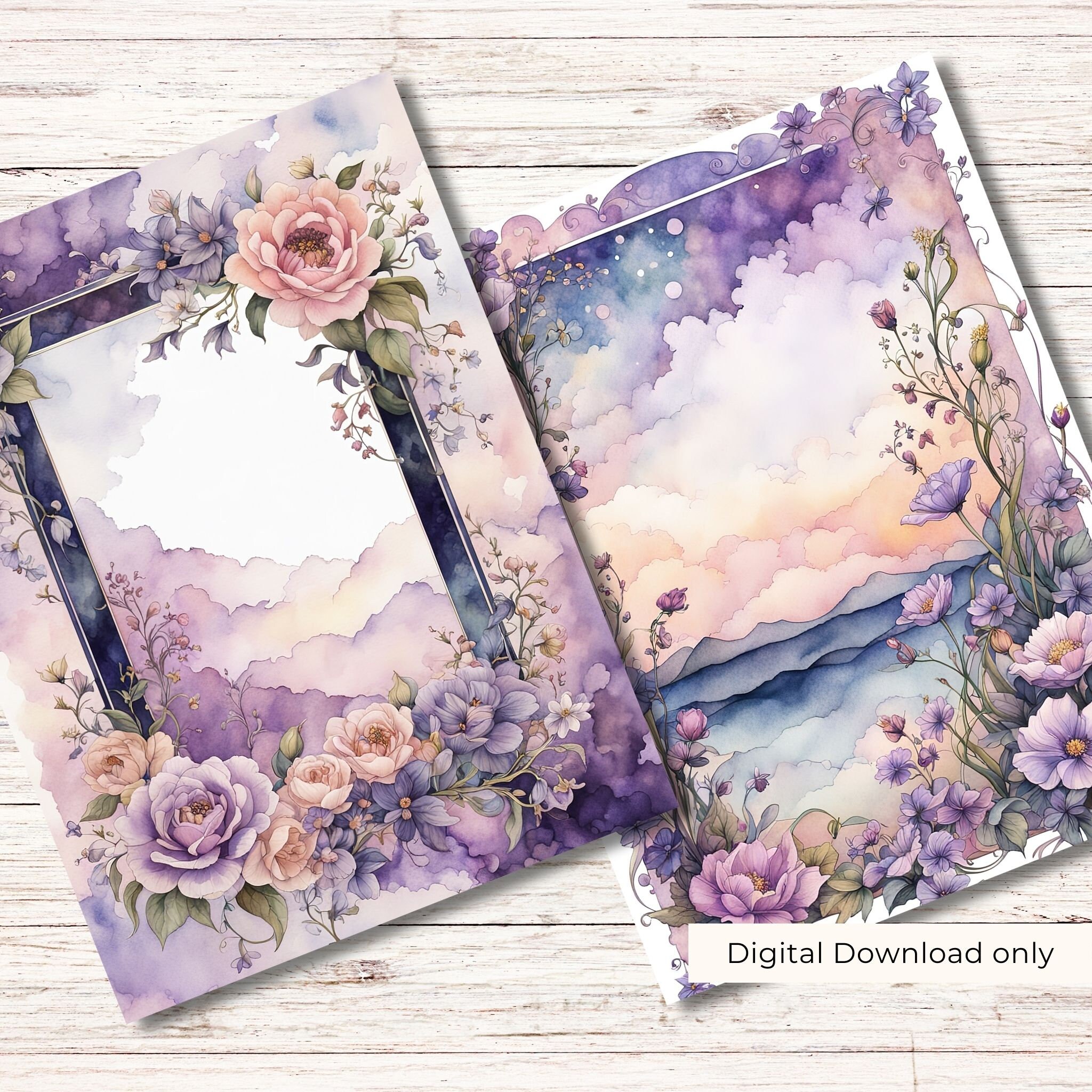 Watercolor Floral Frame Digital Paper: Boho Purple Wedding Stationery ...