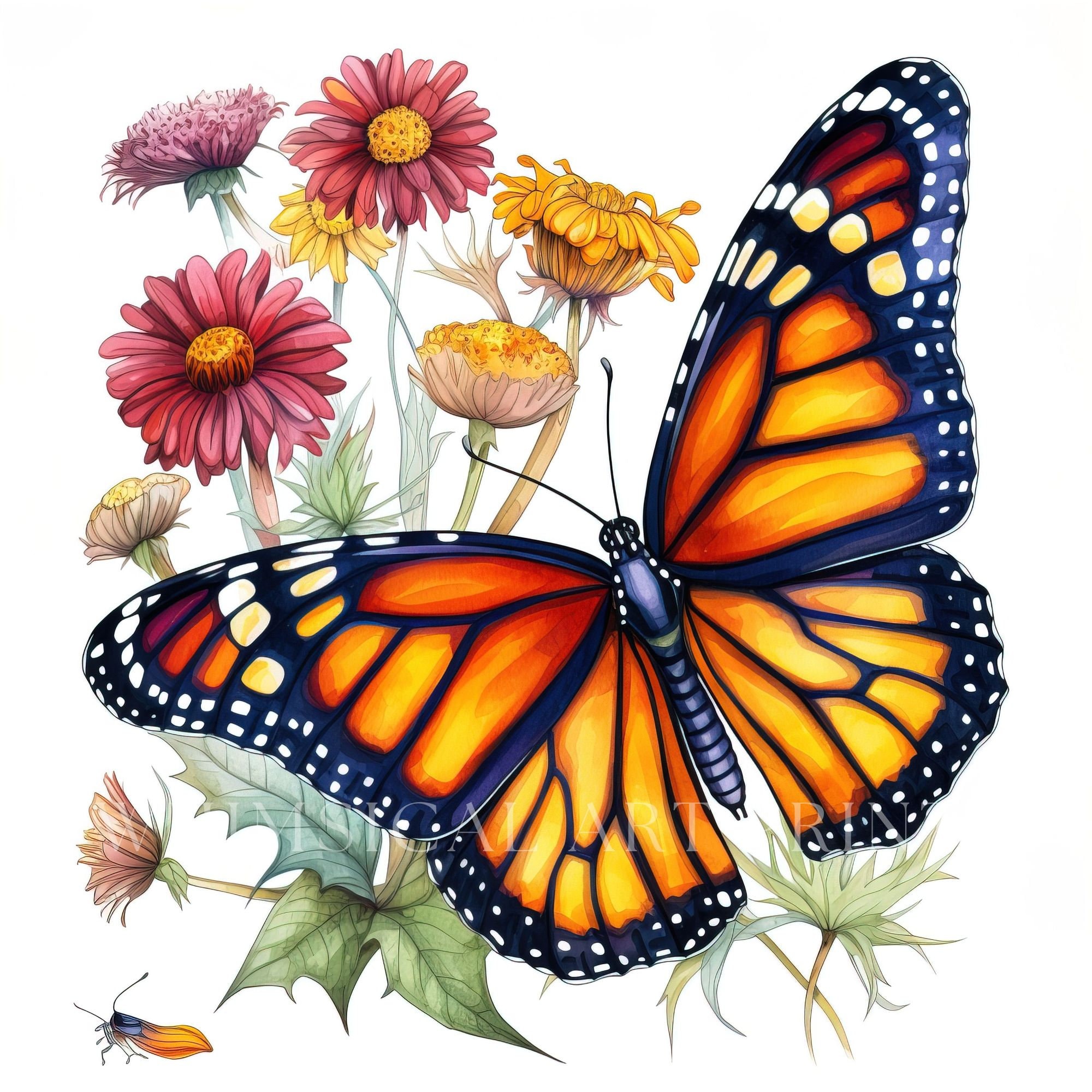 Monarch Butterfly On Flower Drawing