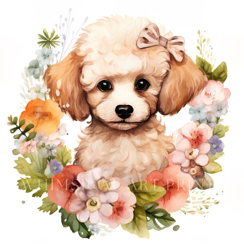 Poodle Puppy Clipart, Puppy in a Wreath, Watercolor Style Floral Art ...