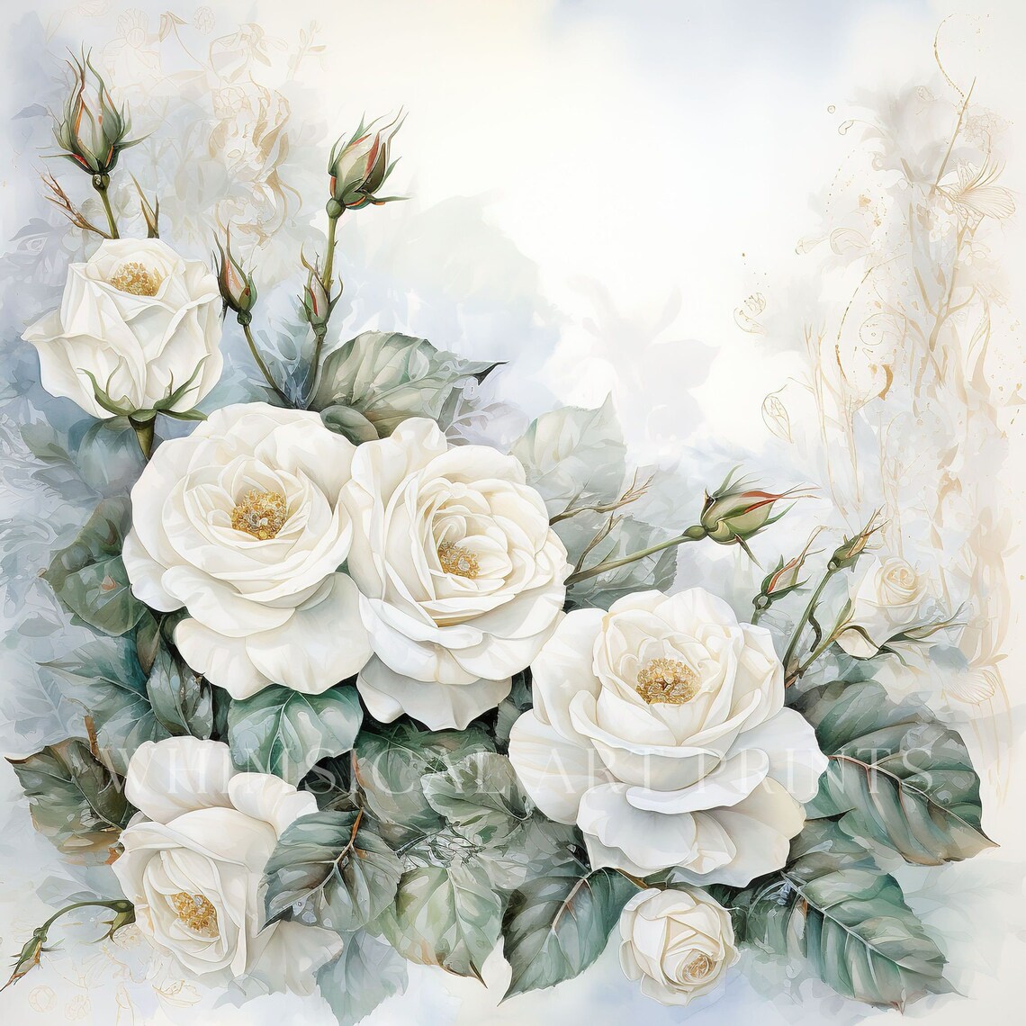 Romantic White Roses Digital Paper, Background Graphics, Watercolor ...