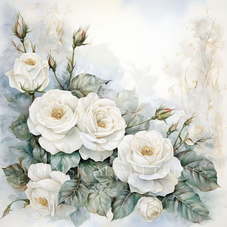 Romantic White Roses Digital Paper, Background Graphics, Watercolor ...