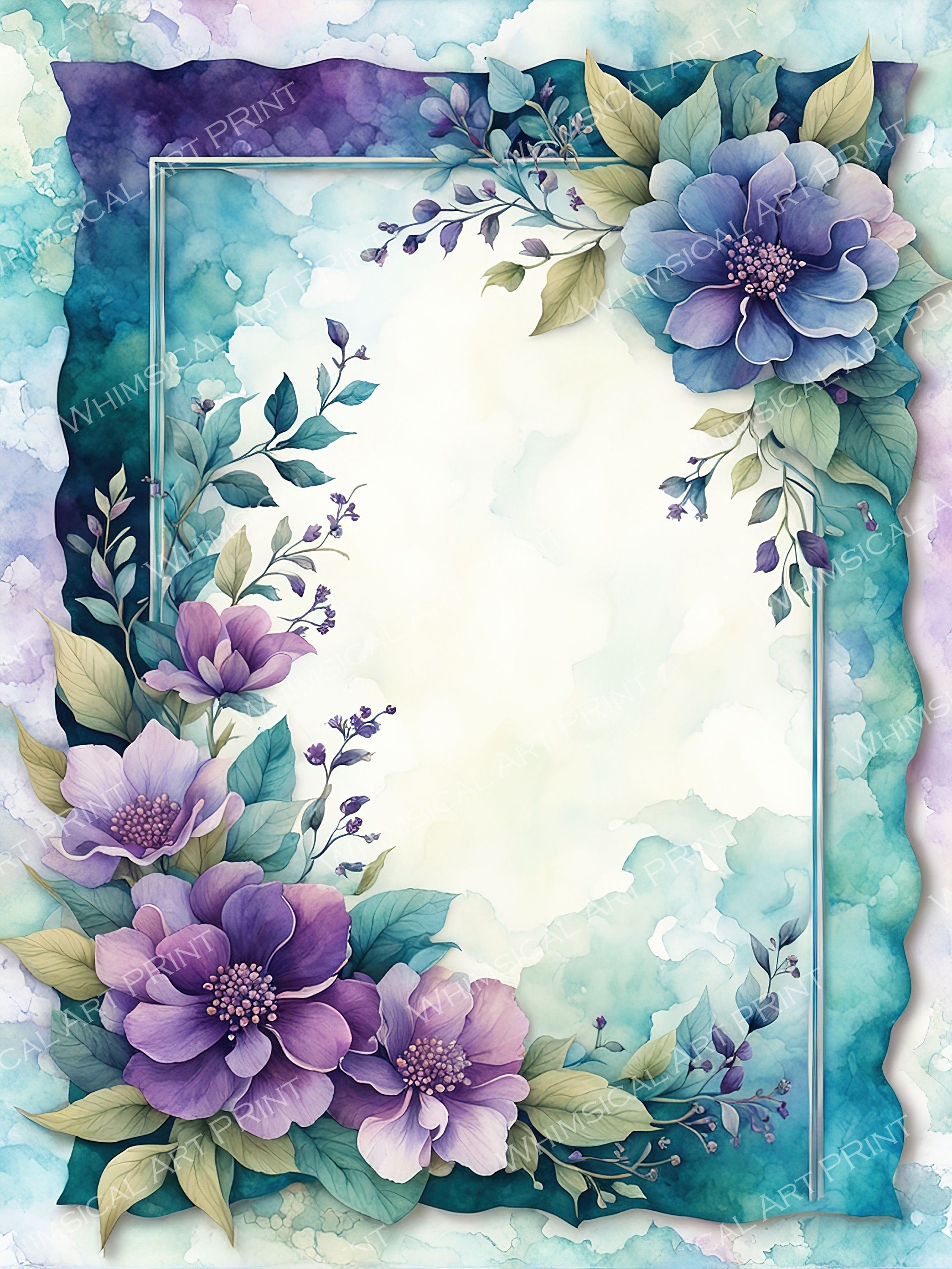 Watercolor Violet Floral Frame Digital Paper Pack, Deep Teal Accents ...
