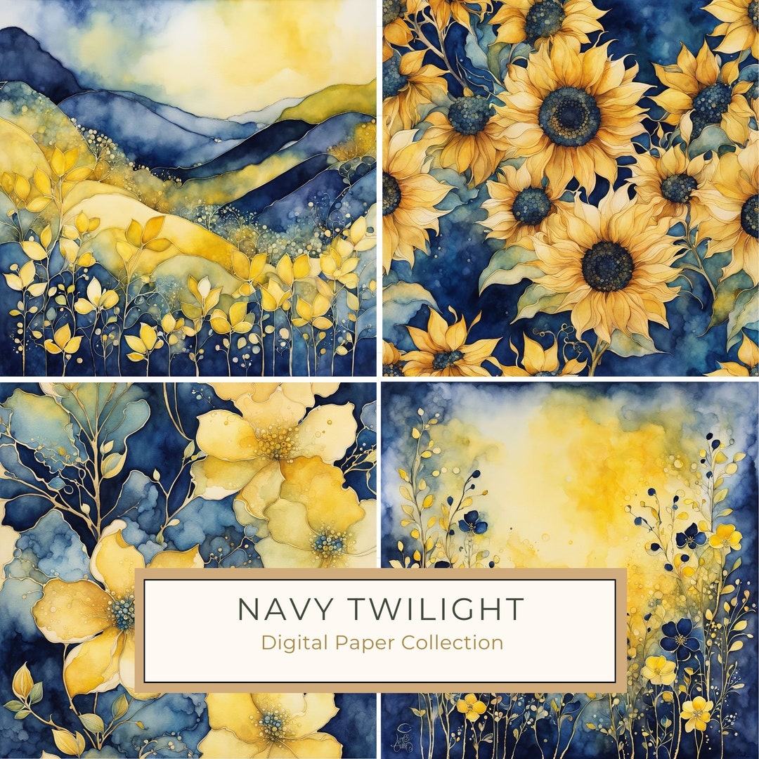 Navy Twilight Abstract Floral Digital Paper Set, Watercolor Washes ...