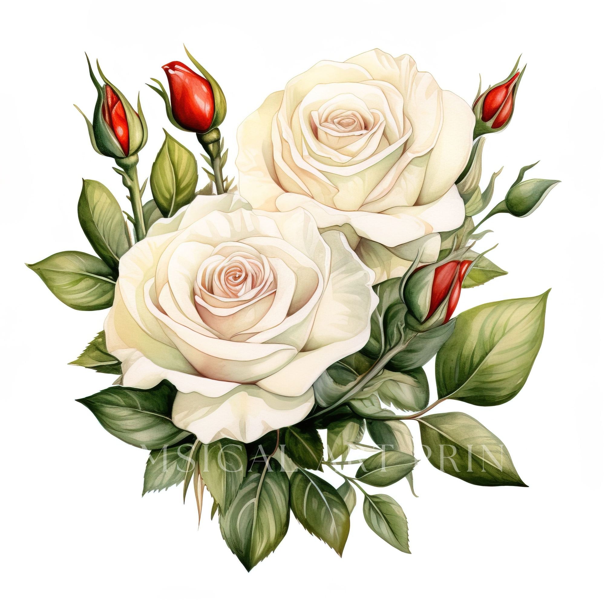White Rose Clipart, Roses Bouquet Clipart, Watercolor White Roses ...