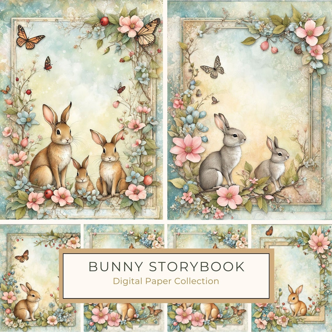 Bunny Storybook: Watercolor Shabby Chic Style Digital Paper Set With ...