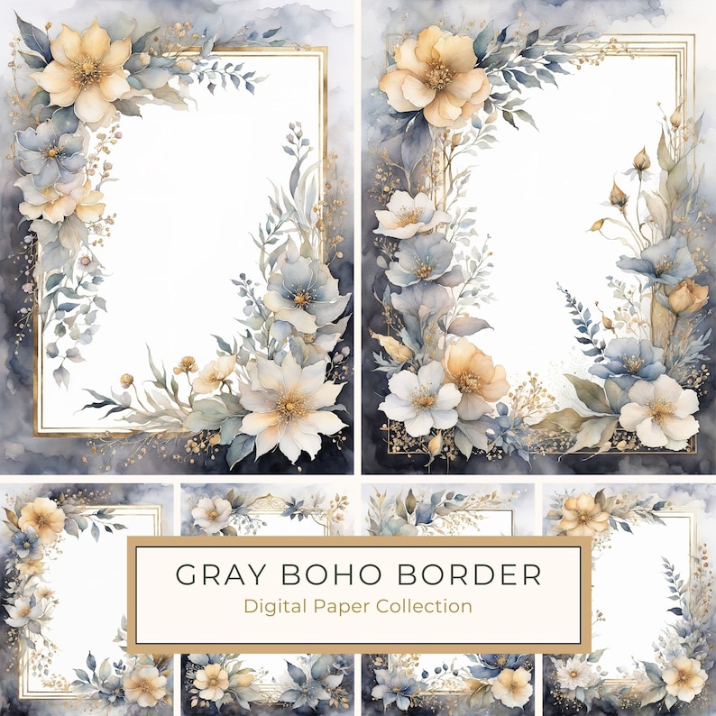 Gray Floral Frame Digital Paper for Scrapbooking & DIY, Botanical Boho ...