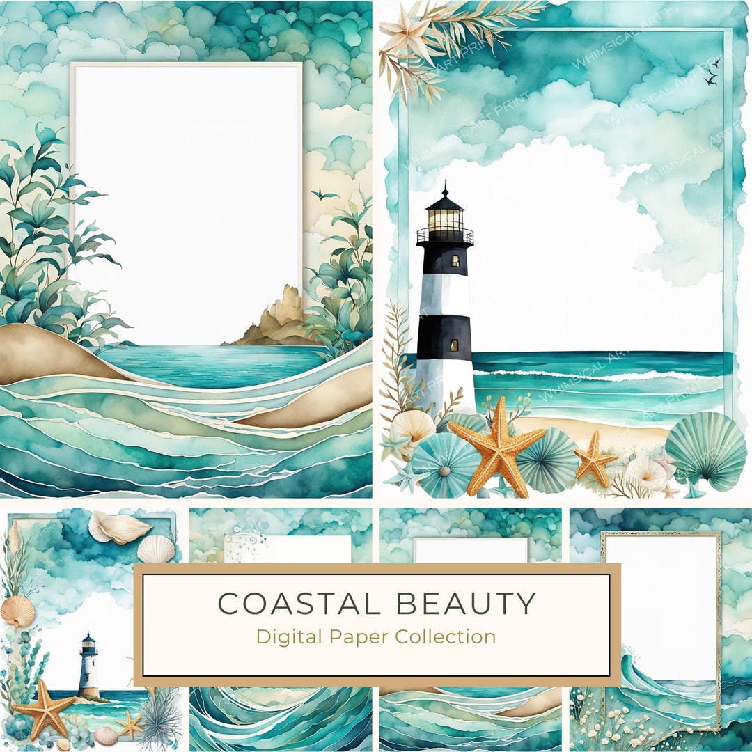 Turquoise & White Coastal Digital Papers: Watercolor Beachside Prints ...