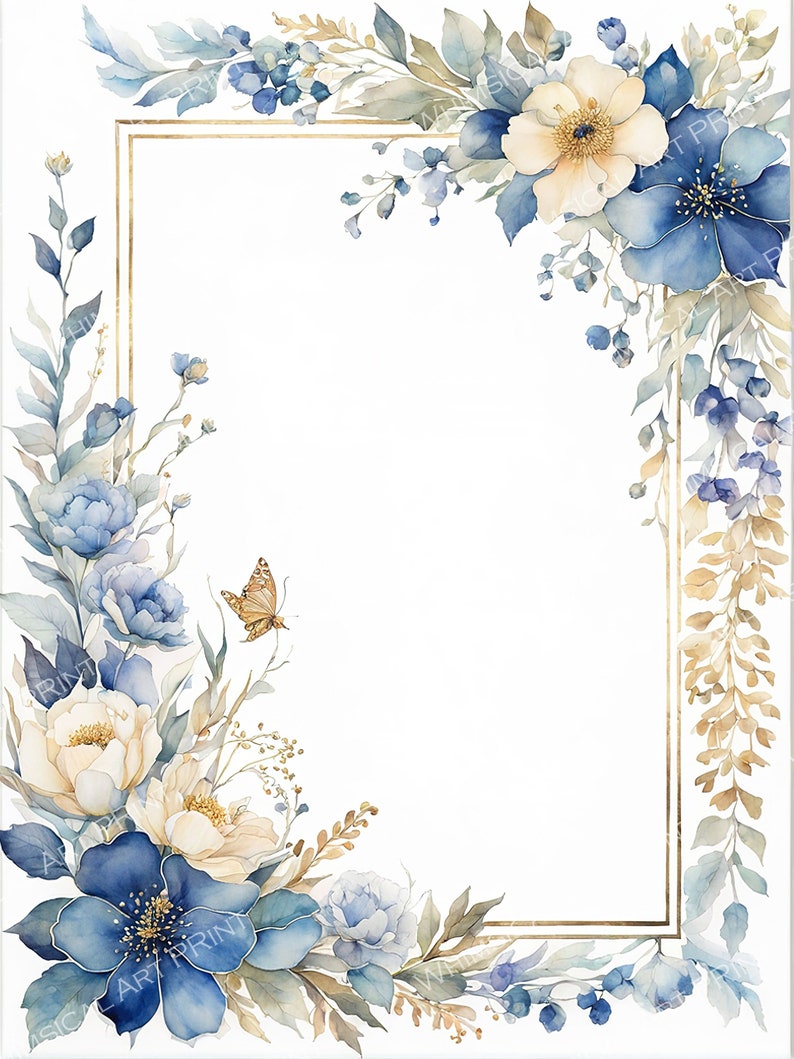 Blue Boho Border Digital Paper Pack for Wedding Cards, Scrapbooking ...