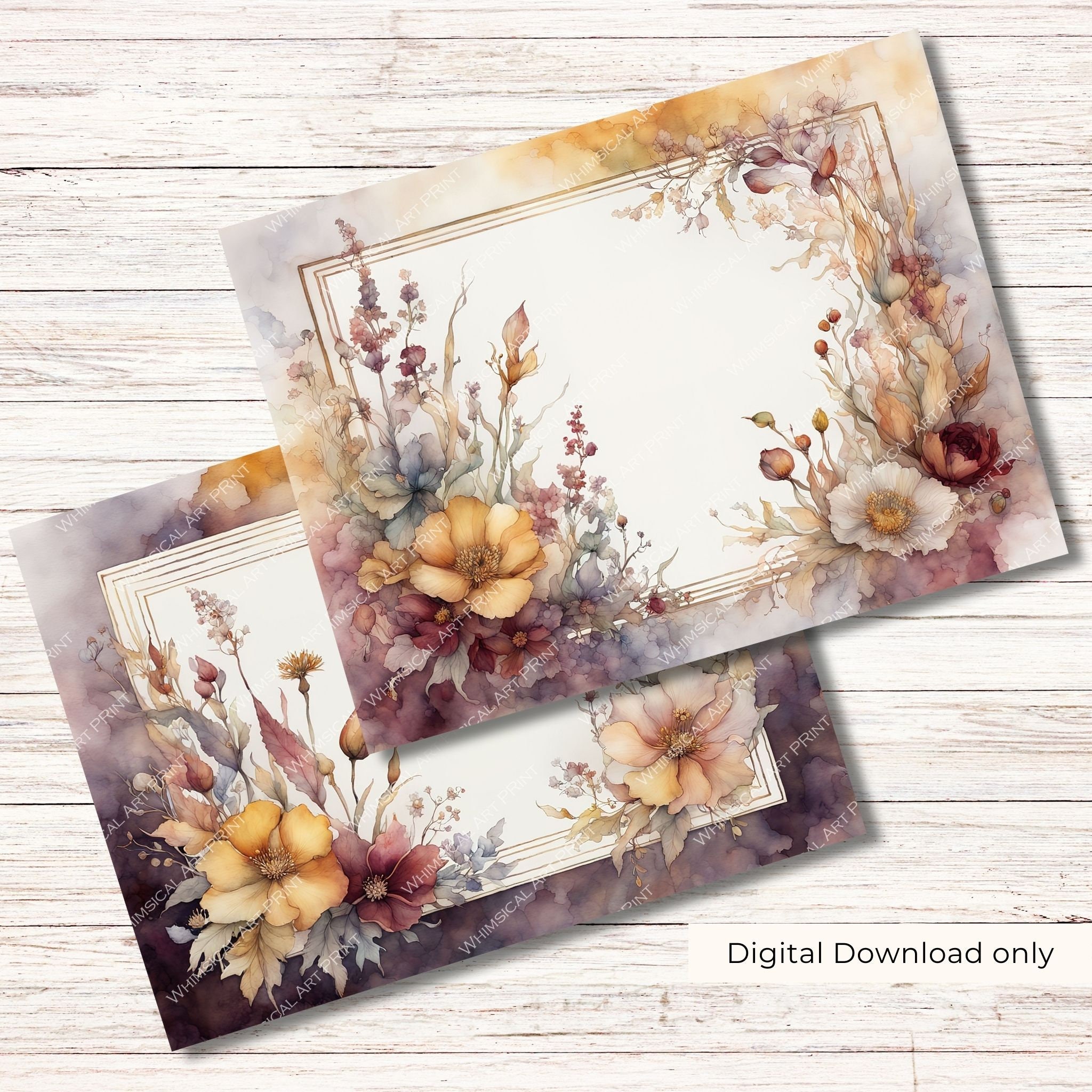 Rustic Burgundy Watercolor Floral Frame Digital Paper Pack, Deep Red ...