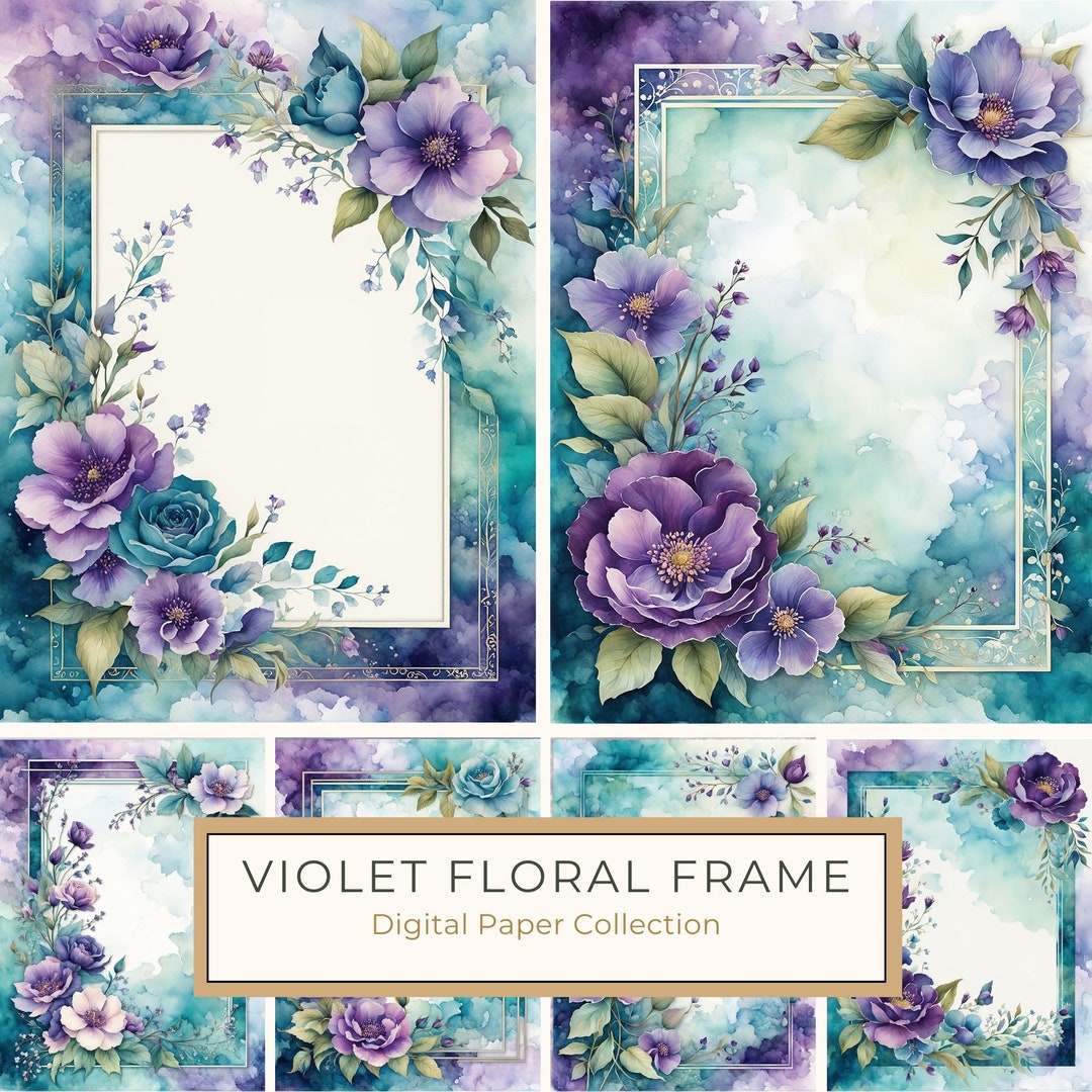 Watercolor Violet Floral Frame Digital Paper Pack, Deep Teal Accents ...