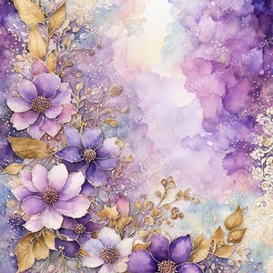 Watercolor Purple Floral Digital Paper: Gold Accents (10 JPG ...