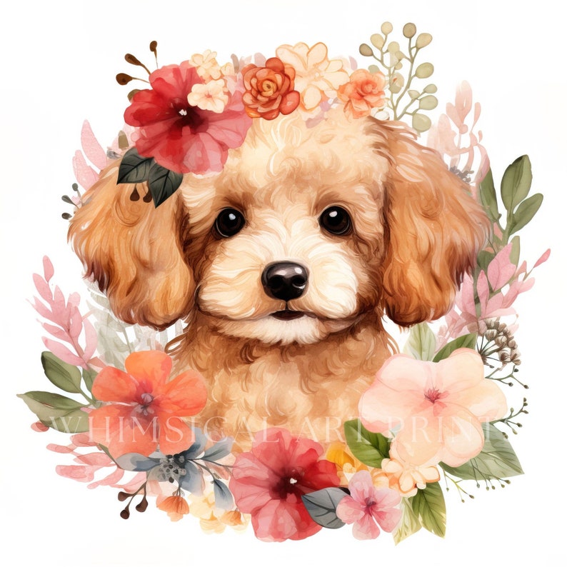 Poodle Puppy Clipart, Puppy in a Wreath, Watercolor Style Floral Art ...