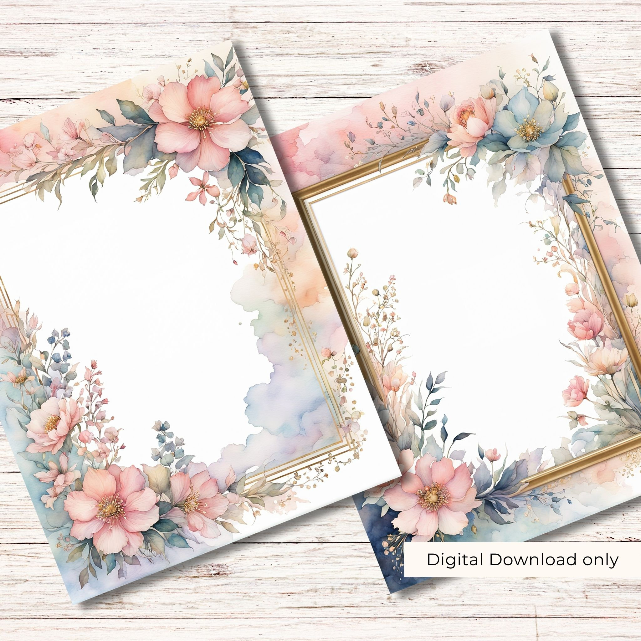 Watercolor Floral Frame Digital Paper: Pink & Blue Botanical Art (10 ...