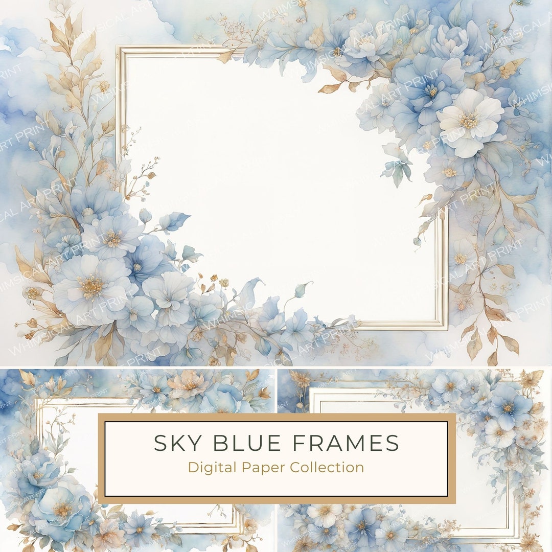 Sky Blue Watercolor Floral Frames: Digital Paper Pack (10 Jpgs) - Etsy