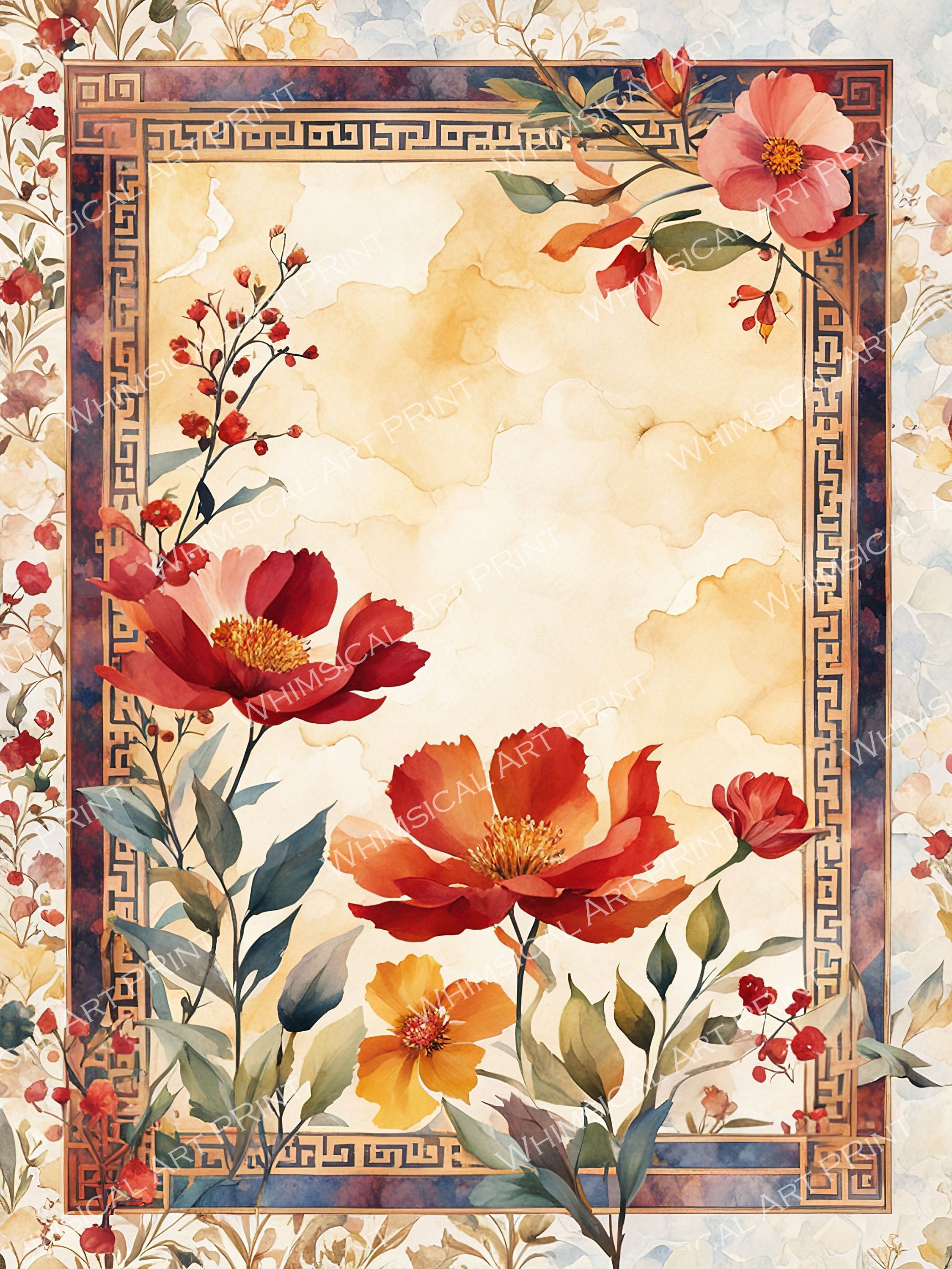 Watercolor Floral Border Digital Paper: Red & Orange Botanical Frames ...
