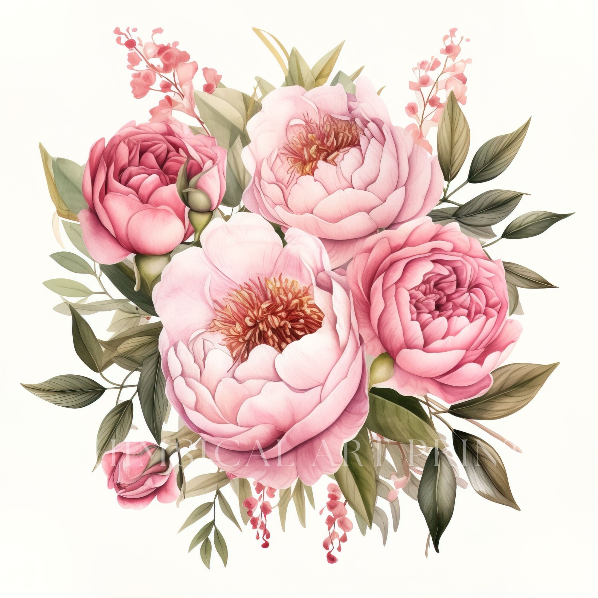 Pink Peonies Clipart, Peony Floral Bouquet PNG, Watercolor Flowers Wall ...