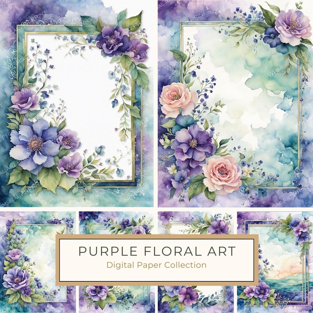 Watercolor Purple Floral Frame Digital Paper Pack, Deep Teal Accents ...