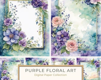 Watercolor Violet Floral Frame Paper Pack: Teal Accents (10 Jpgs) - Etsy