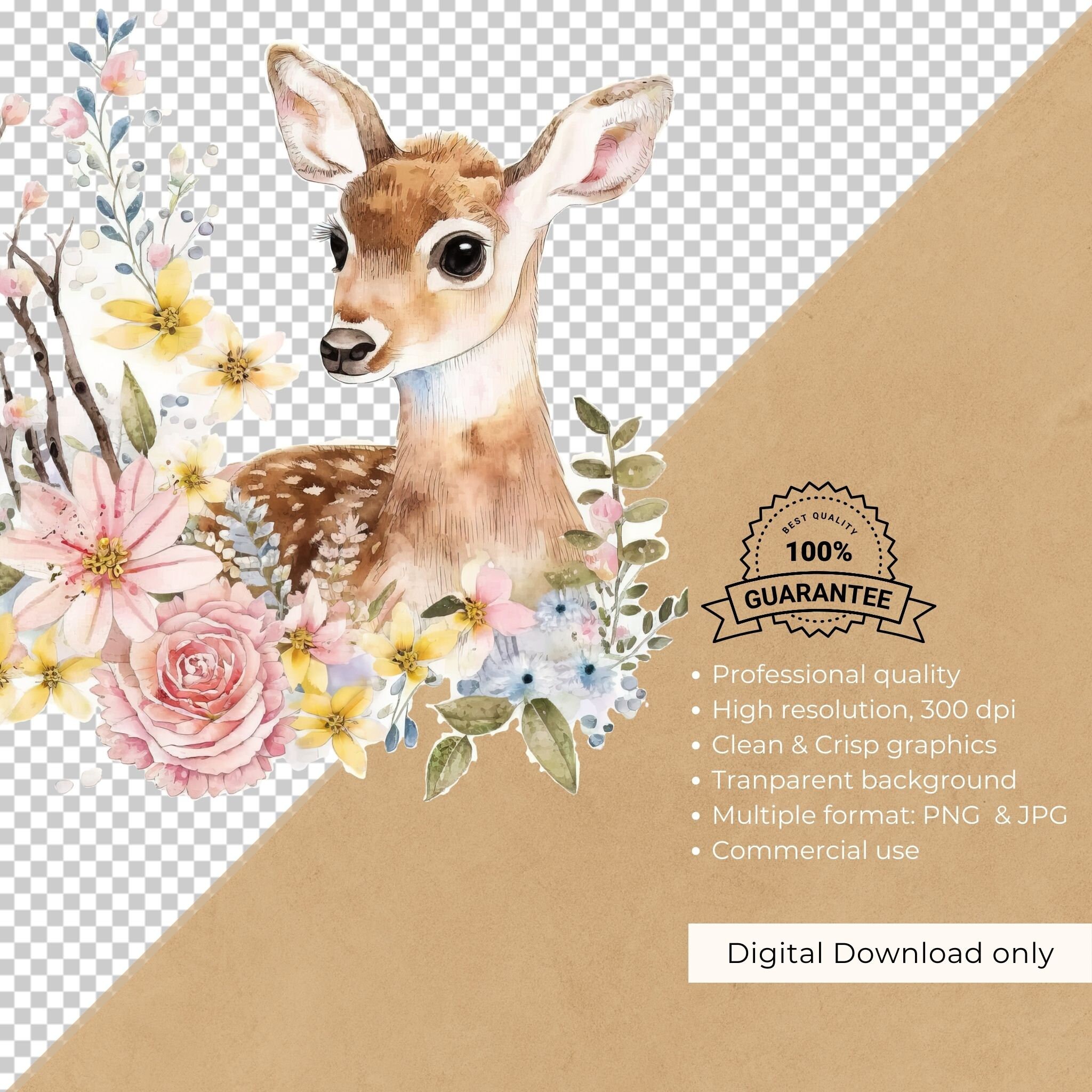 Deer PNG, Fawn baby Deer Clipart, Young Deer in Spring Watercolor Art ...
