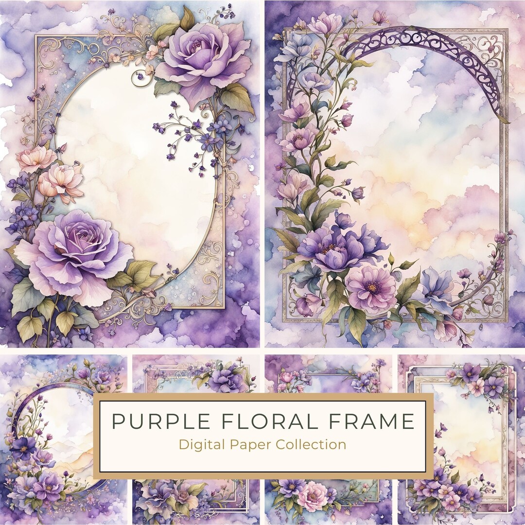Purple Floral Watercolor Border: Boho Digital Paper Pack (10 Jpgs ...