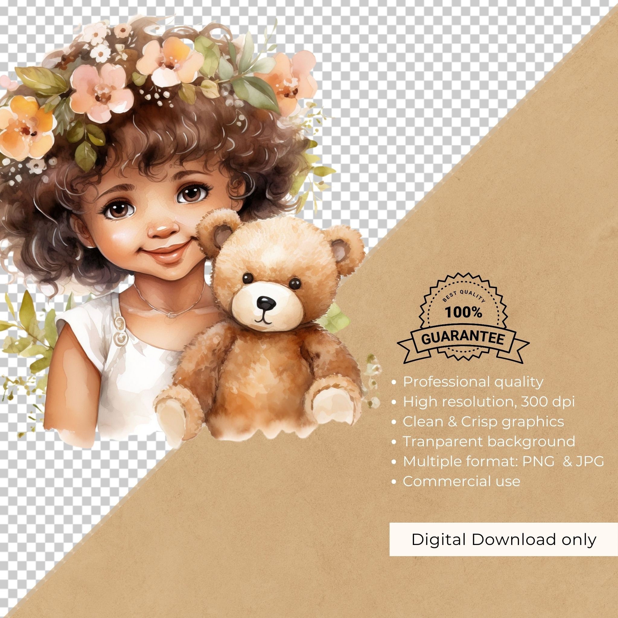 Cute Girl Teddy Bear Clipart, Watercolor Style Illustration, Happy Girl ...