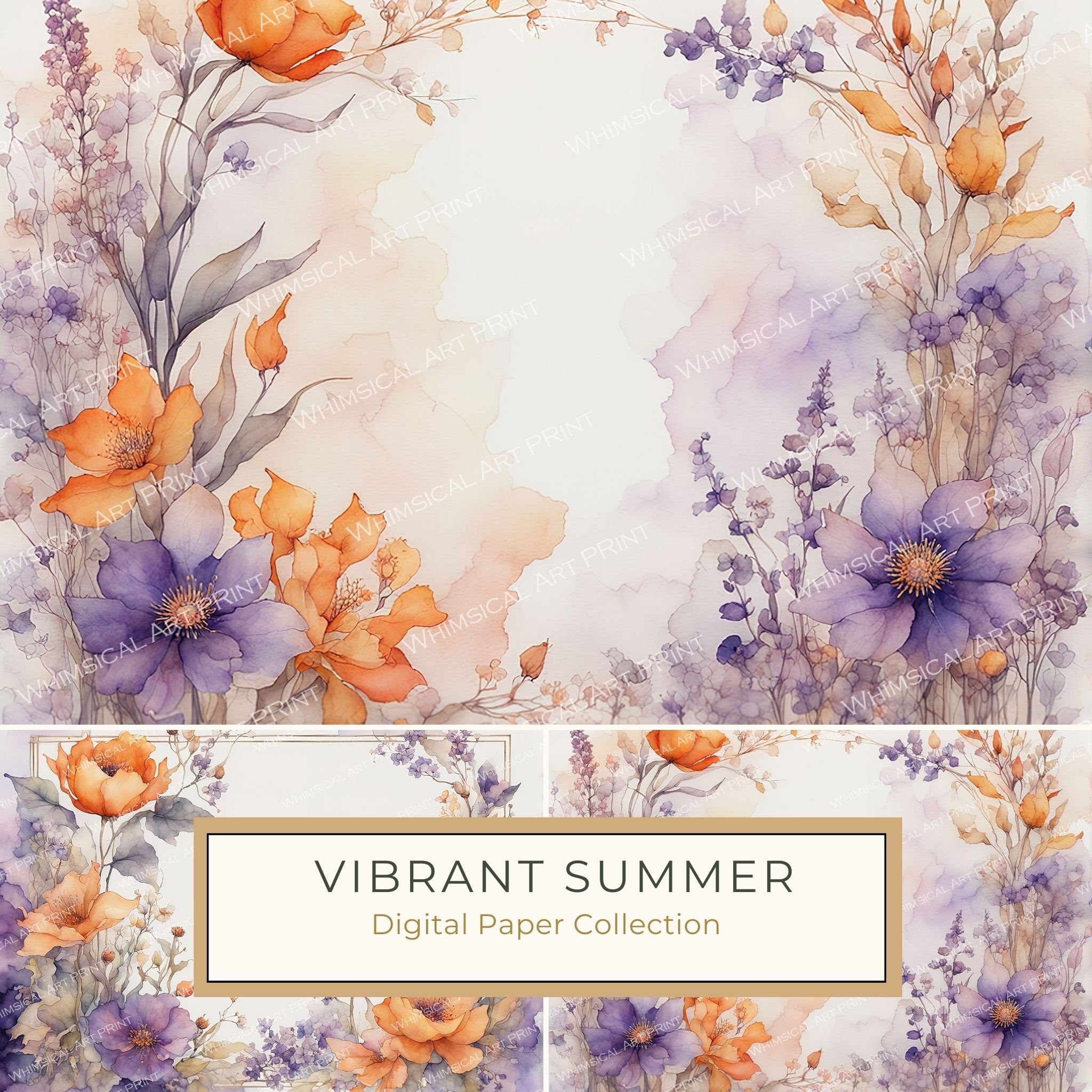 Watercolor Floral Frame Digital Paper: Purple & Orange (10 Jpgs ...