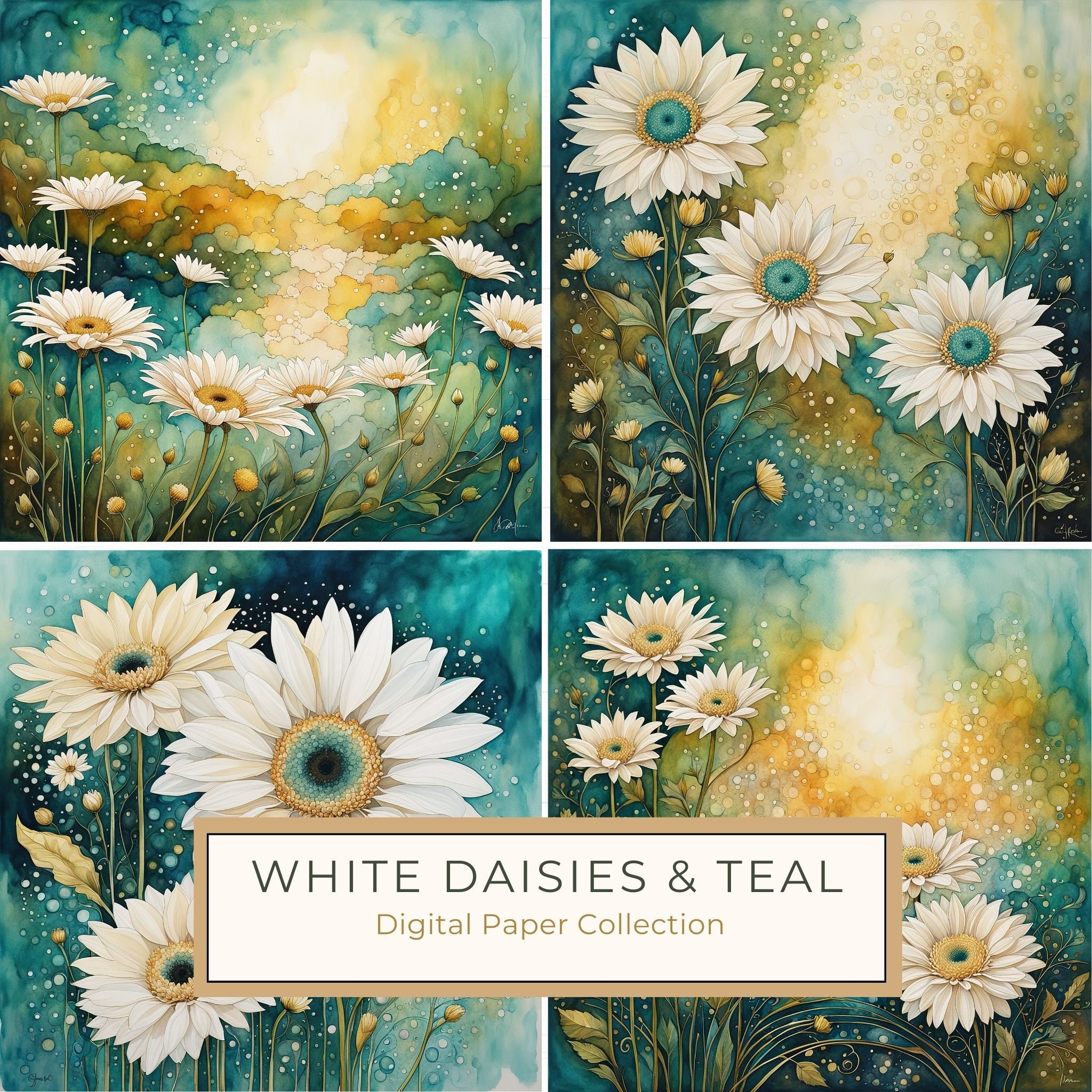 White Gerbera Daisies Digital Paper Set, Daisy on Teal Watercolor ...